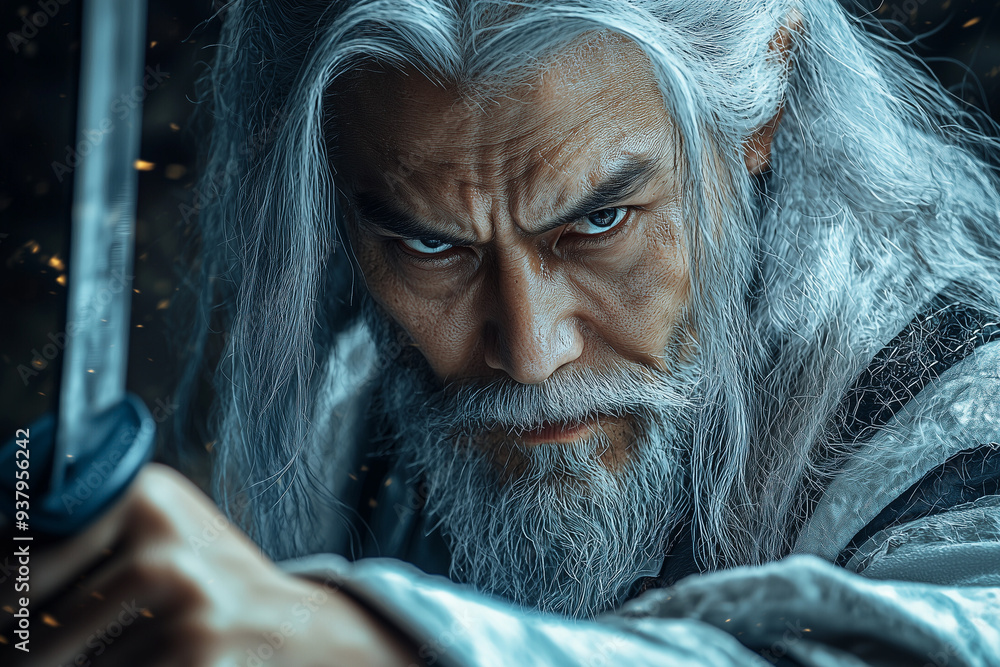 aged warrior with white hair and a determined gaze, holding a sword in ...
