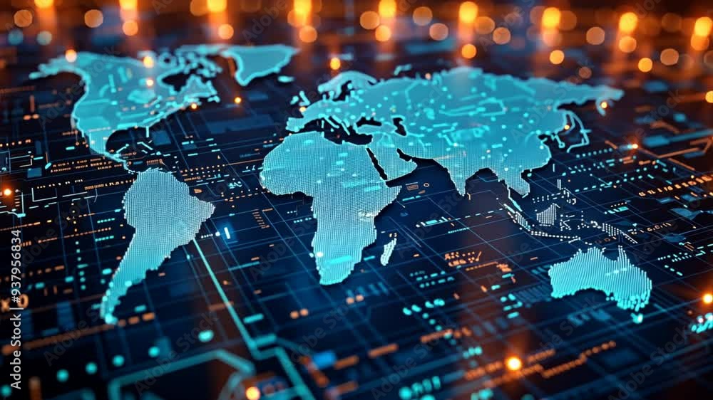 Global Connectivity: A high-tech world map illuminates a complex ...