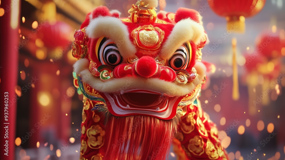 Close-up of a red and gold lion dance costume with white fur, open ...