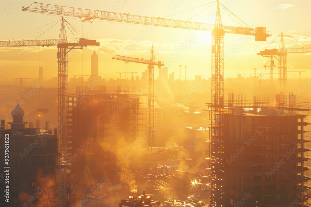 Cityscape of a metropolis undergoing development with numerous high ...