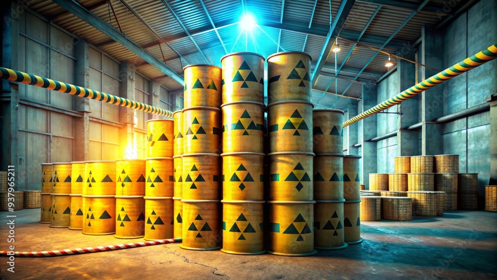 Highly contaminated radioactive waste drums stacked in a precarious ...