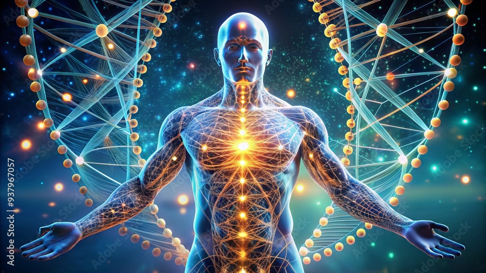 Illuminated 3D model of the human body with glowing molecular ...