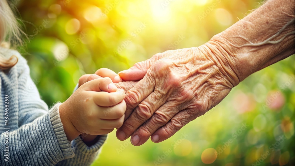 Intergenerational connection; wrinkled elderly hands gently grasping ...