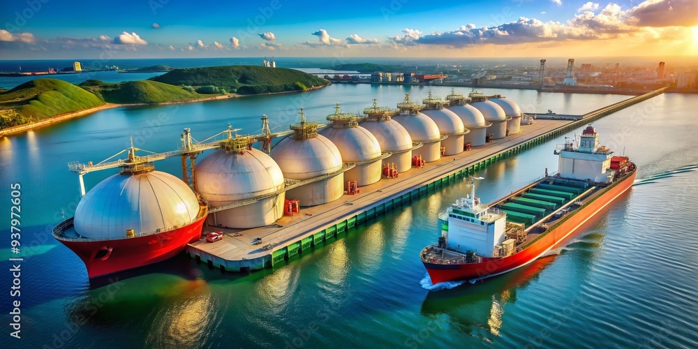 LNG tanker vessel anchored at gas terminal, surrounded by large storage ...