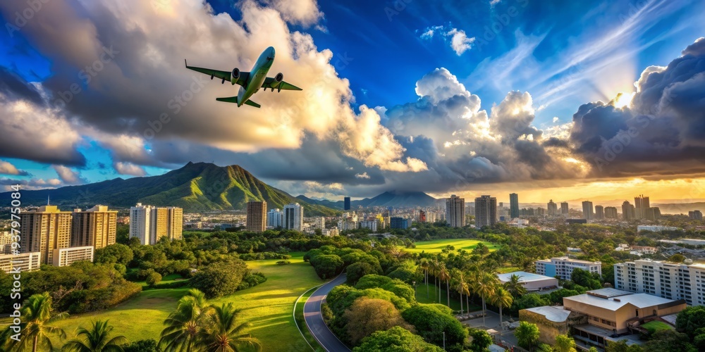 Majestic clouded blue sky with a commercial airliner soaring overhead ...