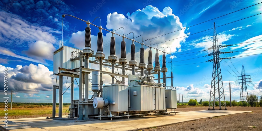 Massive three-phase high-voltage transformer humming with electrical ...