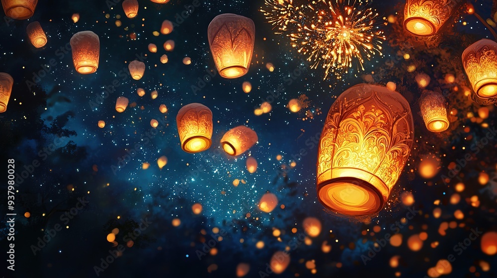 Magical Background of a Starry Night Sky Filled with Floating Lanterns ...