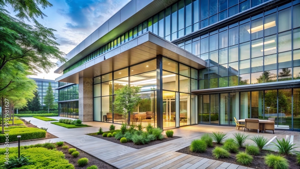Modern outpatient center exterior with large windows, sliding glass ...