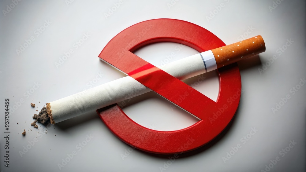 A broken cigarette with a red "X" symbol overlaid, surrounded by a ...