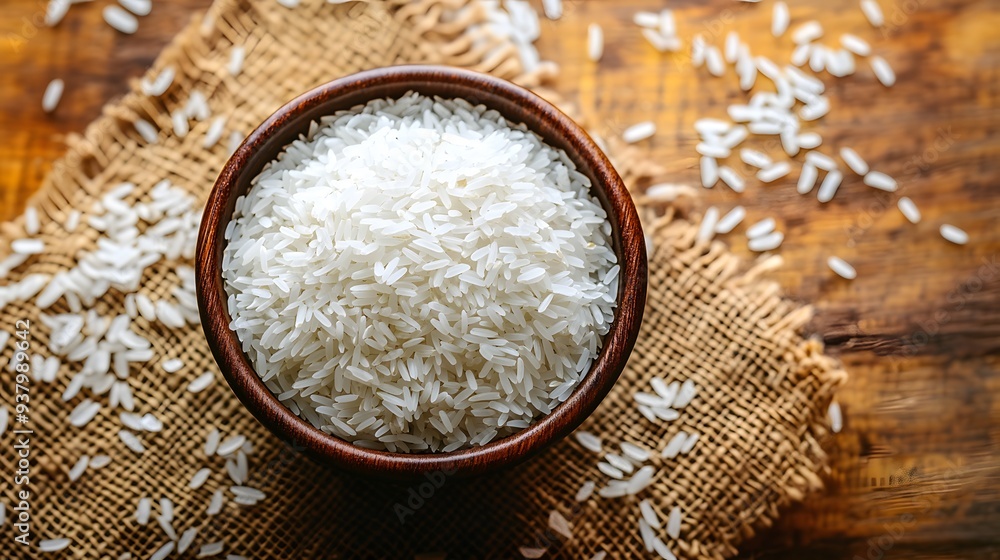 Enlarged grains of uncooked rice neatly scattered over a surface. The ...