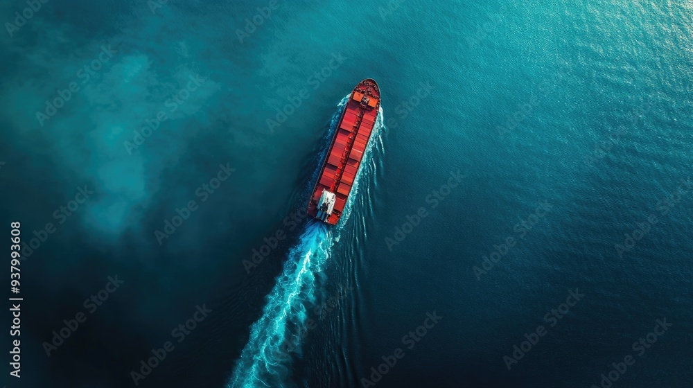 Aerial perspective of a large cargo ship with a clear contrail against ...