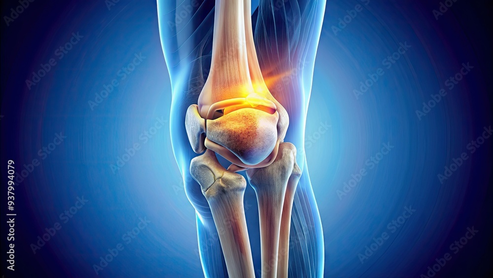 A close-up of a person's knee joint with a model of the bones and ...