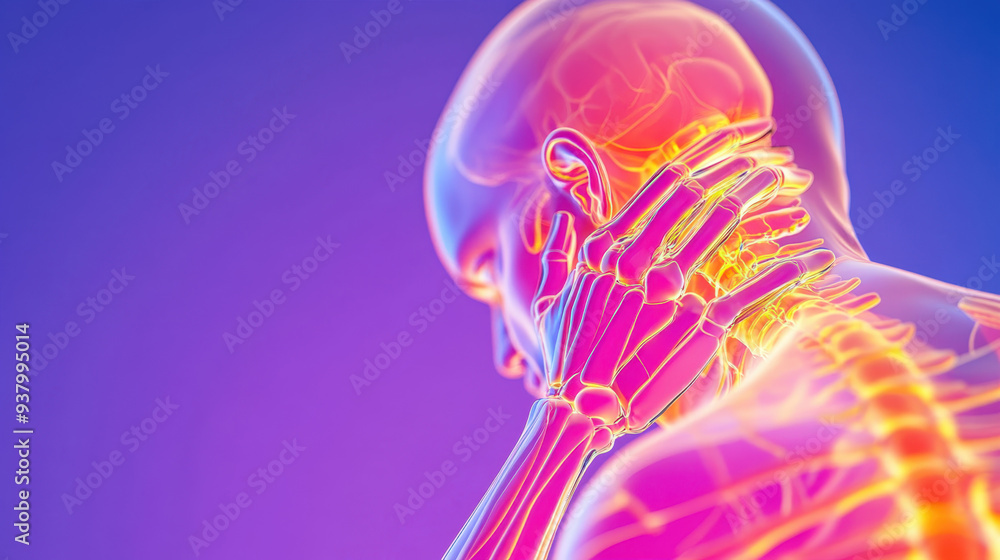 Human skeletal structure depicting neck pain with hand grasping the ...