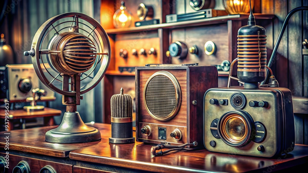 Retro-style analog radio transmitter broadcasting sound waves through ...