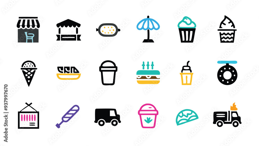 Set of colorful food icons, representing street food vendors and items ...