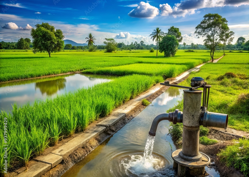 Rural landscape showcasing pump wells extracting water from the ground ...