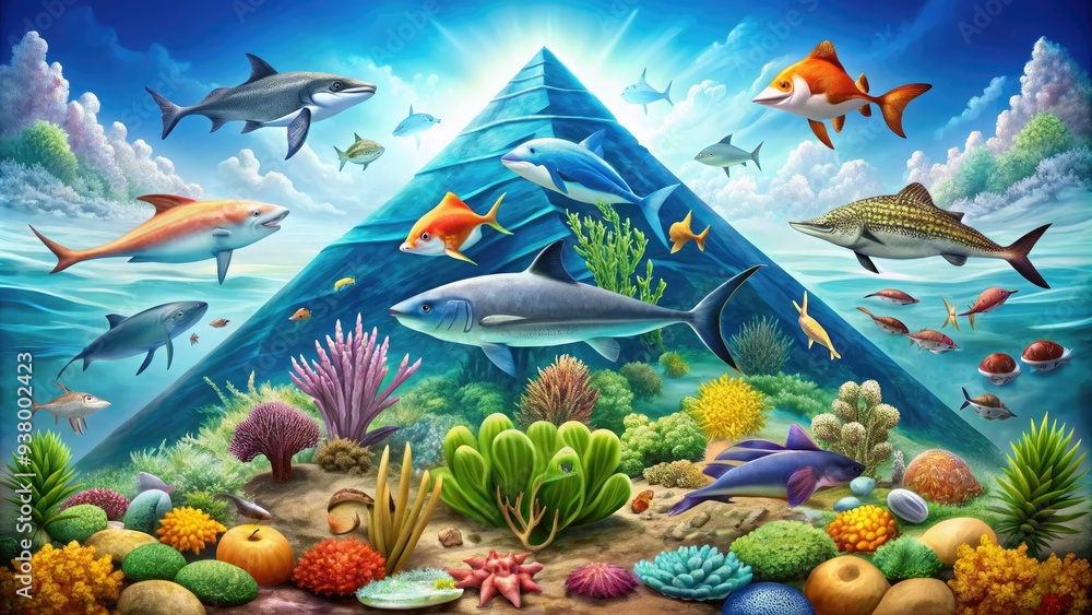A colorful illustration of a food chain pyramid showing various levels ...