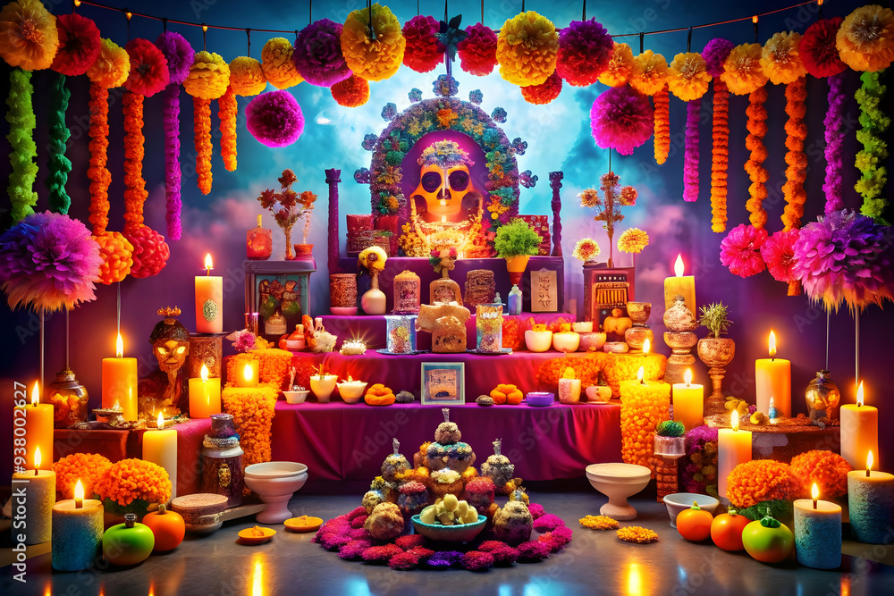 Neon Altar with Digital Glowing Elements concept as An abstract digital ...