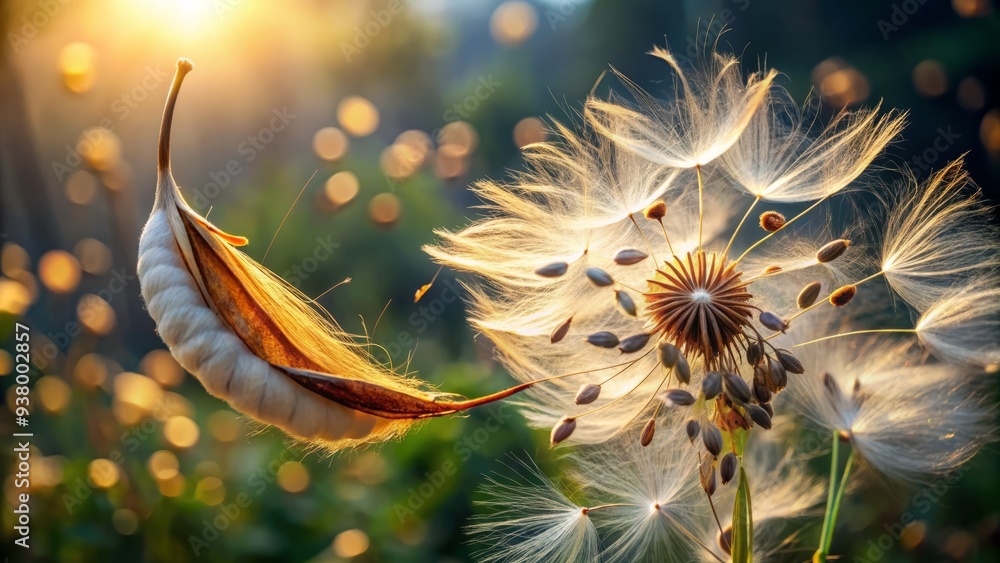 Seeds bursting from a dried pod, scattering in the wind, symbolizing ...