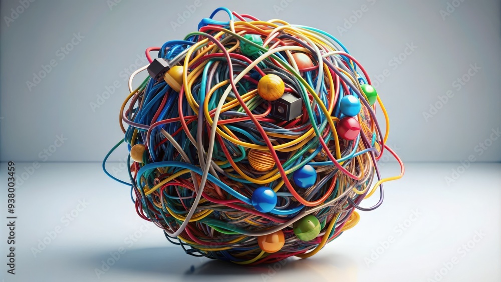A colorful mix of twisted wires, plugs, and cords forming a messy ball ...