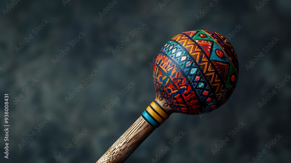 A beautifully crafted maraca with colorful patterns, captured against a ...