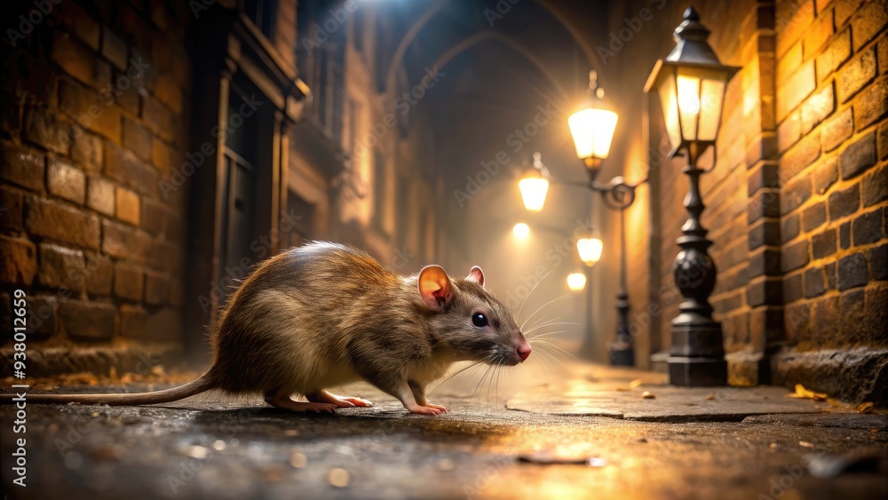 A curious brown rat explores a dimly lit, misty urban alleyway at night ...