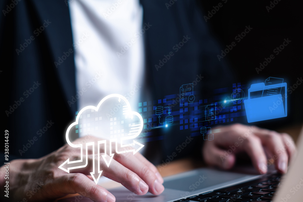 Business person migrate data and corporate information into cloud technology for data security ...