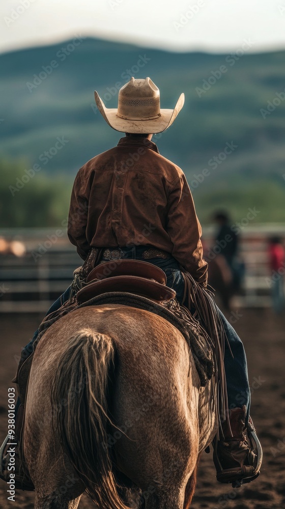 Cowboy is sitting on a horse on a ranch, wearing a cowboy hat, facing ...