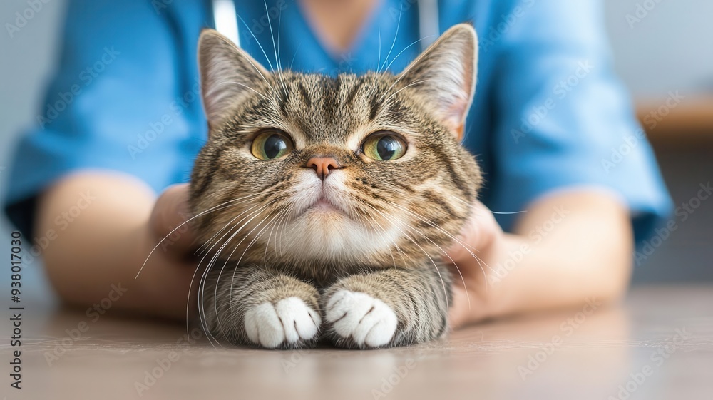 Veterinarian providing physical therapy to a cat with gentle stretching ...