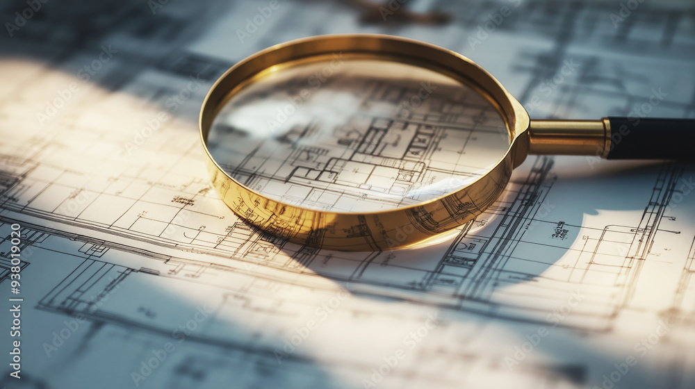 Magnifying glass placed on architectural blueprints with detailed ...