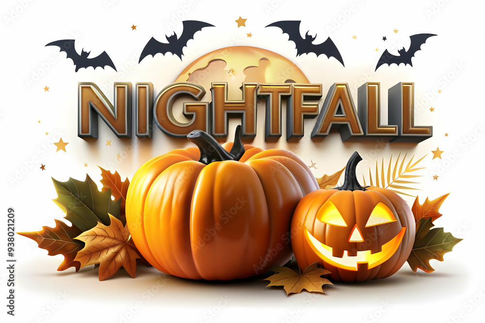 3D Pumpkin and Bat with Nightfall Text concept as An isolated vector ...