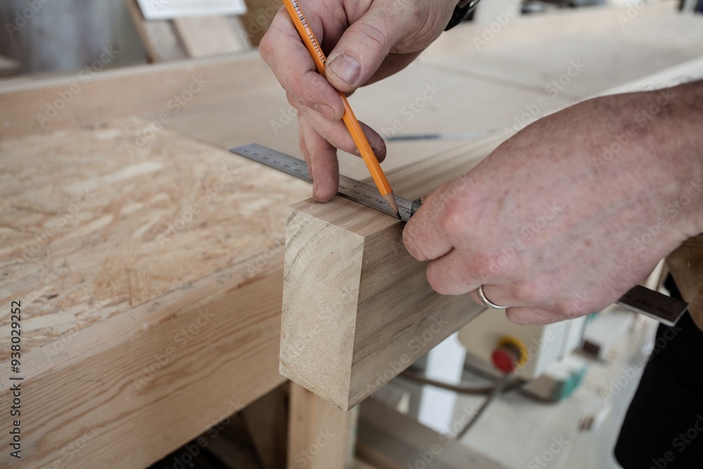 measuring timber for cutting with a pencil and mental ruler Stock Photo ...