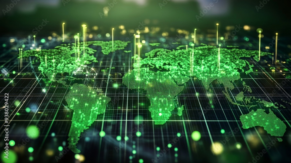 Global Network Connection - Digital World Map - A digital map of the world with glowing green ...