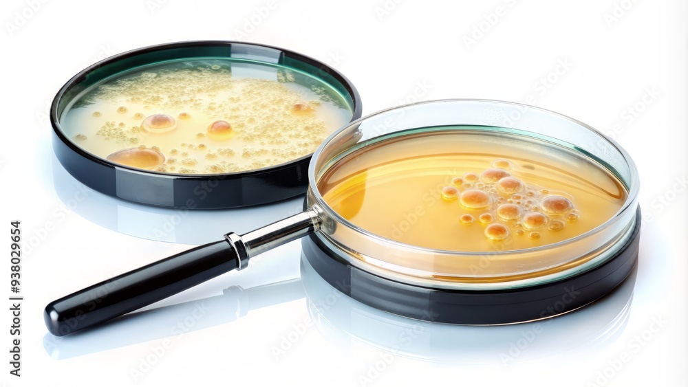 Sterile laboratory Petri dish with agar gel, magnifying glass, and ...