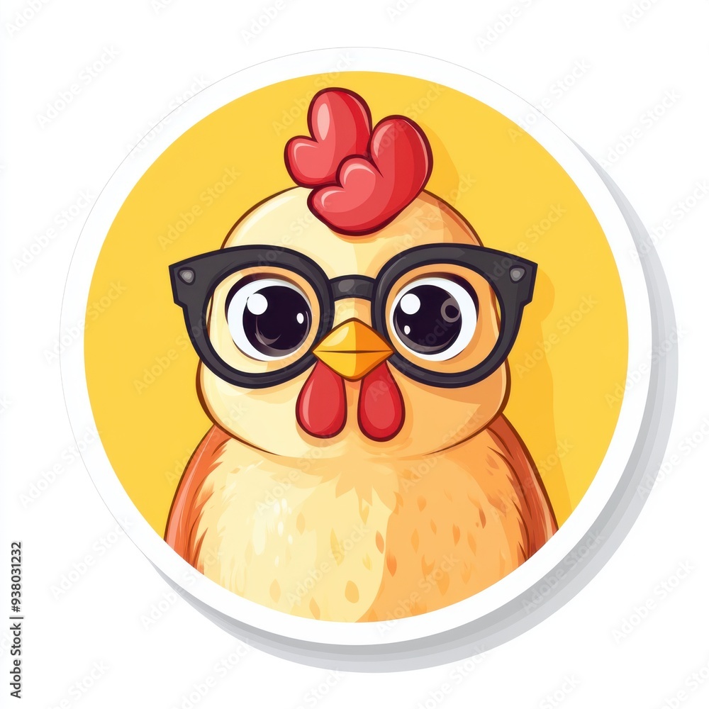 Sticker of a chicken wearing cat-eye glasses in circle shape, cute ...