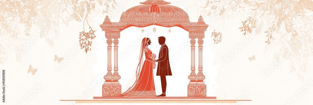 Indian Wedding Ceremony Under Floral Canopy - A bride and groom stand ...