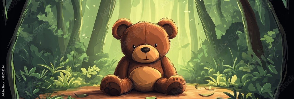 Lost Teddy Bear in the Forest - A plush teddy bear sits alone in a lush ...