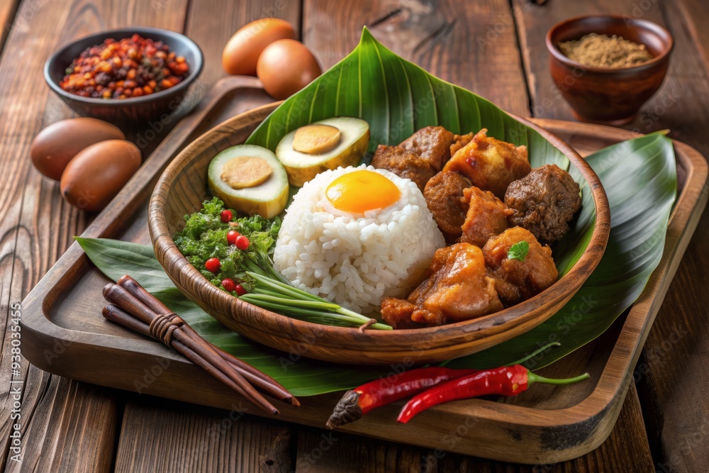 Traditional Indonesian dish, gudeg, served on a brown clay tray ...