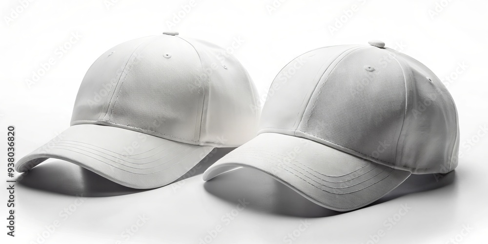 Two clean and crisp white baseball caps, facing opposite directions ...