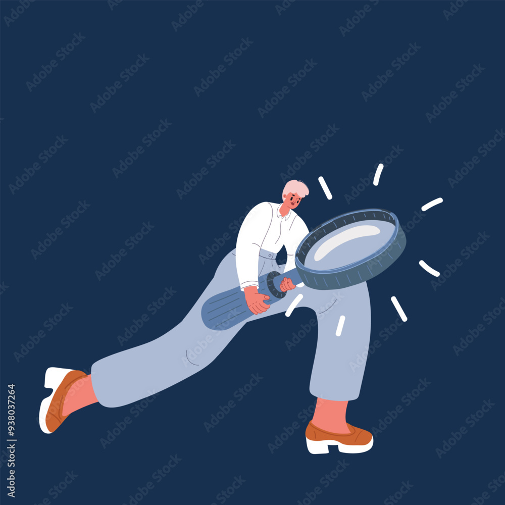 Cartoon vector illustration of Happy funny excited woman looks through ...