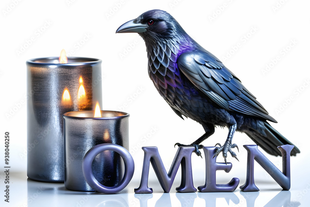 Holographic Raven and Candle with Omen Text concept as A vibrant ...