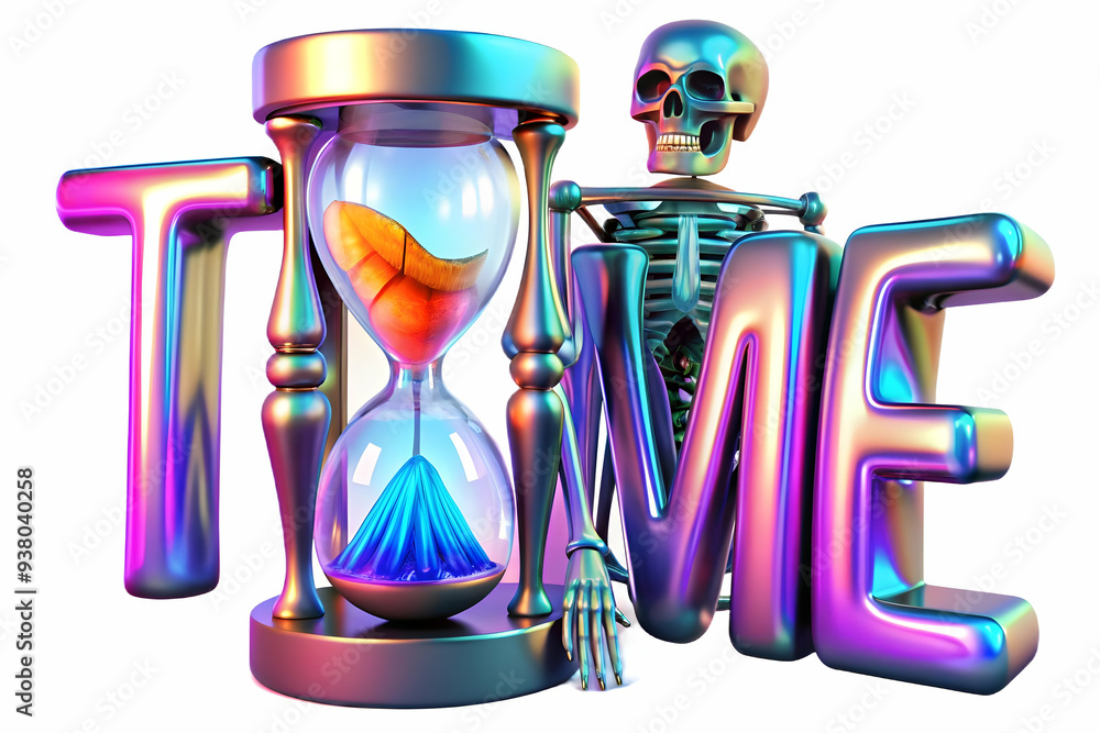 Holographic Skeleton and Hourglass with Time Text concept as A vibrant ...