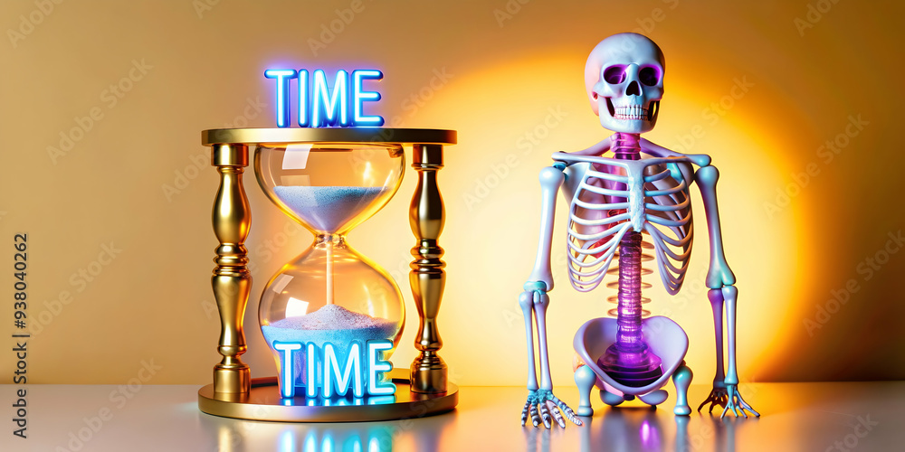 Holographic Skeleton and Hourglass with Time Text concept as A vibrant ...