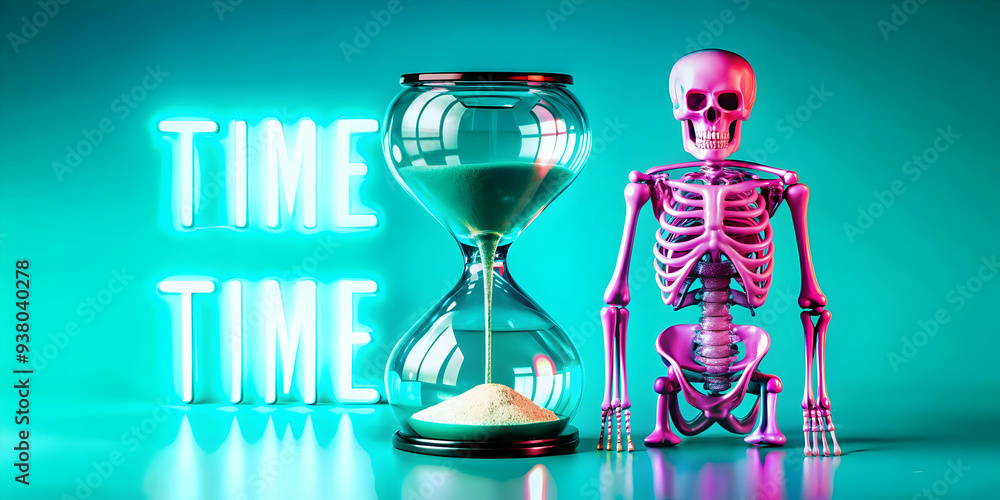 Holographic Skeleton and Hourglass with Time Text concept as A vibrant ...
