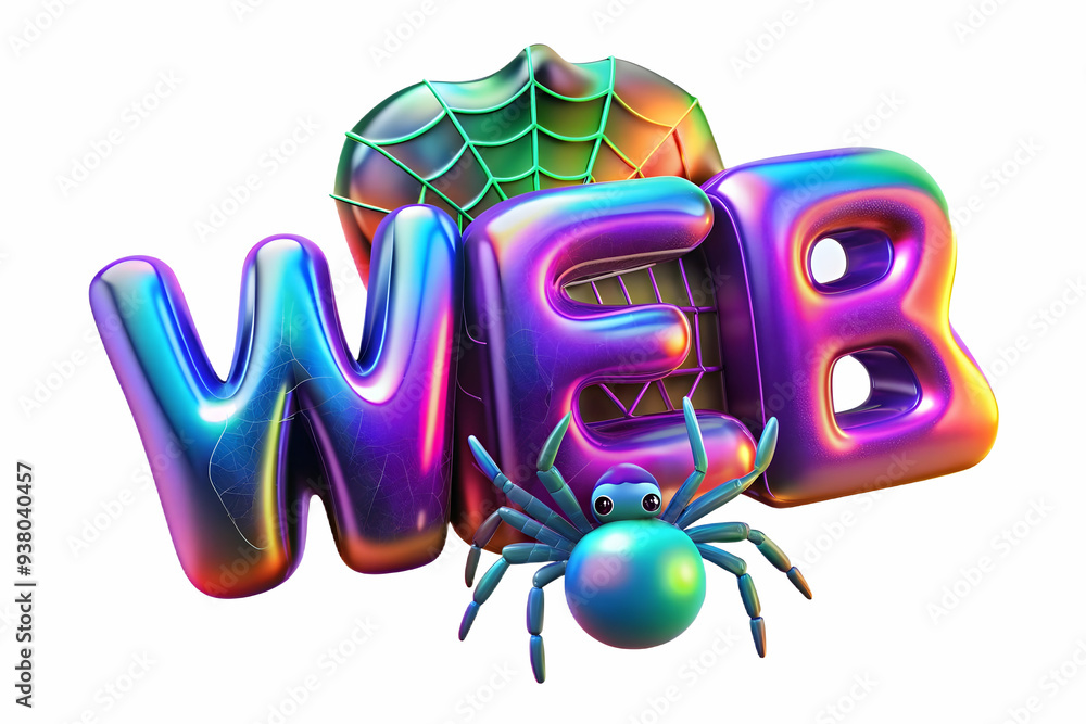 Holographic Spider and Web with Web Text concept as A vibrant glowing ...
