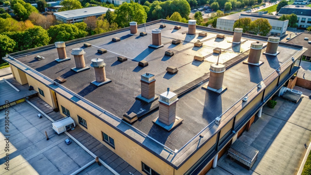 Aerial view of commercial building with layers of modified bitumen ...