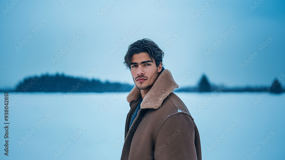 Rugged Native American male model in a heavy winter coat standing ...