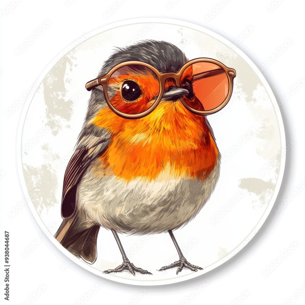 Sticker of a robin wearing retro circular glasses in circle shape, cute ...