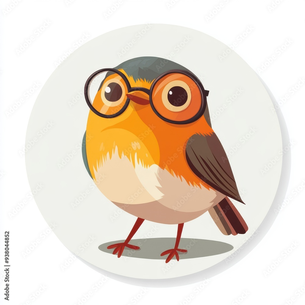 Sticker of a robin wearing retro circular glasses in circle shape, cute ...