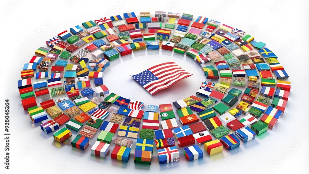 Vibrant circle composed of miniature flags from various countries ...